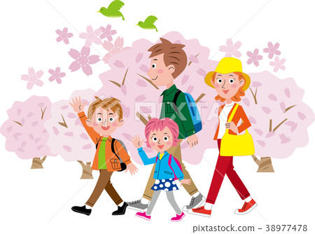 Hanami in a family of four - Stock Illustration [38977478] - PIXTA