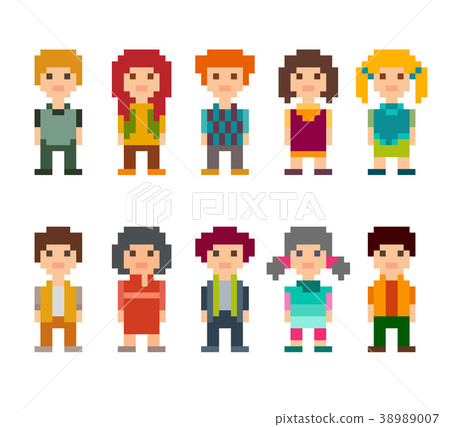 Set of different pixel art 8-bit people characters - Stock Illustration ...