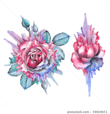 Watercolor rose vignette decorated with crystals - Stock Illustration ...
