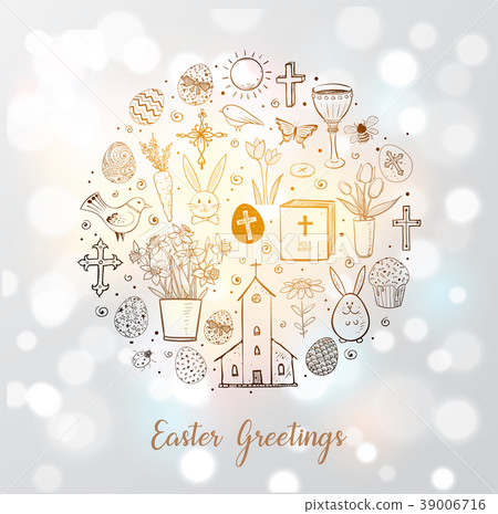 Greeting card with easter doodles in circle on - Stock Illustration ...
