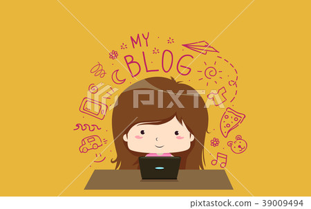 Kid Girl Creative Writing Blog Illustration - Stock Illustration ...