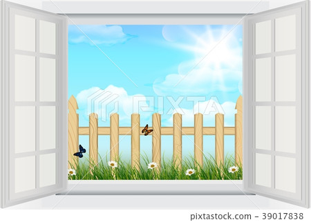 Open window with Spring background, grass and wood - Stock Illustration ...