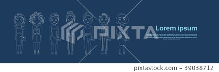 Group Of Sketch Young Woman Cute Girls Outline - Stock Illustration ...