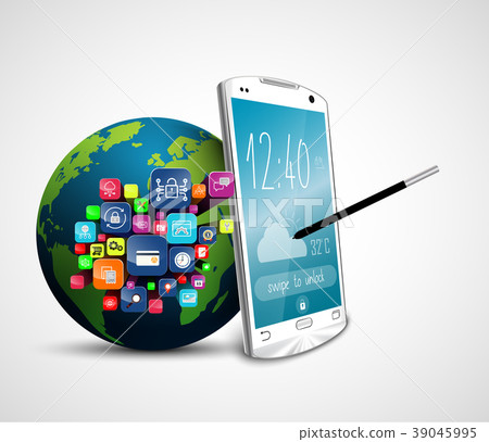 Earth globe application icons with pen on screen m - Stock Illustration ...