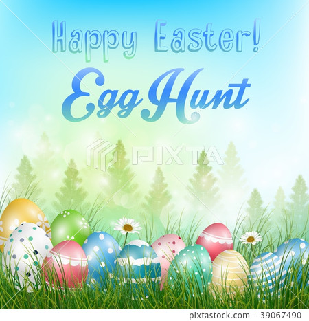 Easter eggs Background with field of trees and col - Stock Illustration ...
