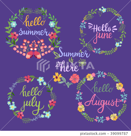 summer flowers wreaths with text Hello summer, jun - Stock Illustration ...