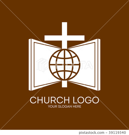 Church logo. Missions, brown, globe, Bible, cross - Stock Illustration ...