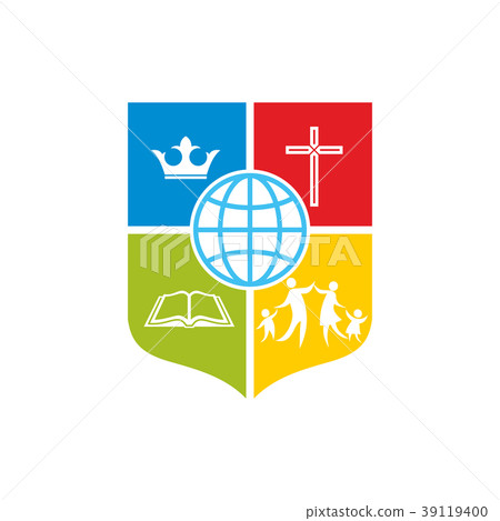 Church logo. Shield, church, cross, color blocks - Stock Illustration ...