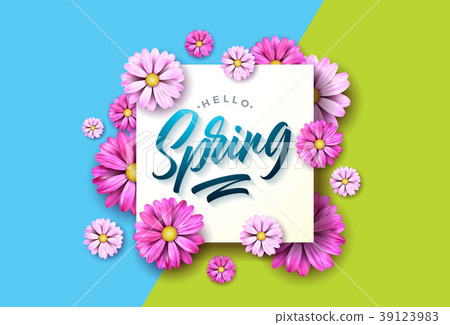 Hello spring nature illustration with beautiful - Stock Illustration ...