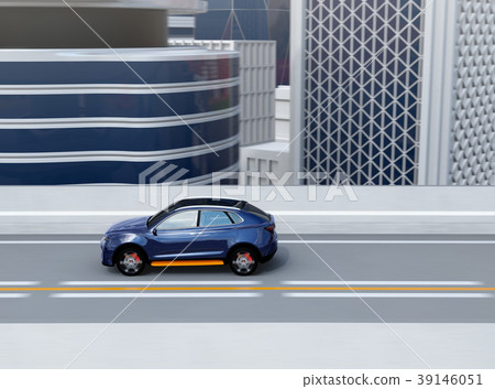A metallic blue self-driving electric SUV... - Stock Illustration ...
