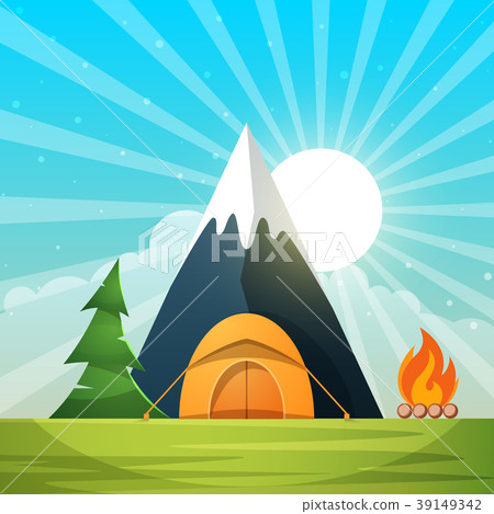 Cartoon paper landscape. Tree, mountain, fire - Stock Illustration ...