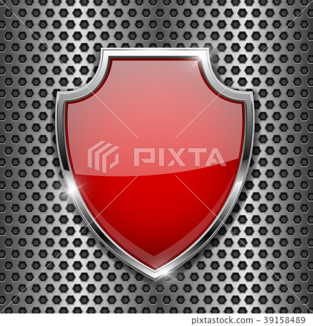 Metal 3d red shield on metal perforated background - Stock Illustration ...
