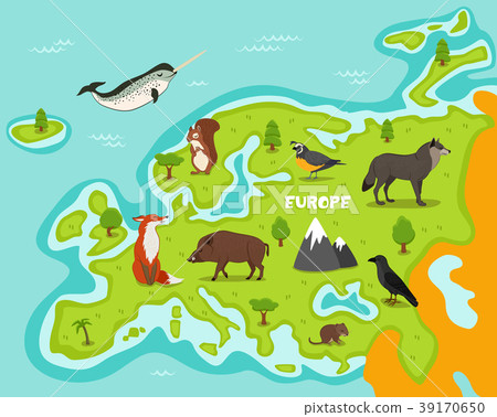 European map with wildlife animals - Stock Illustration [39170650] - PIXTA
