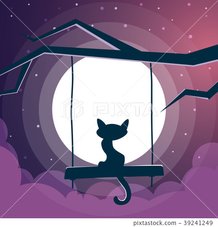 Cat illustration. Cartoon night landscape.-插圖素材 [39241249] - PIXTA圖庫