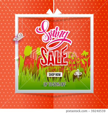 Spring Sale orange banner with grass - Stock Illustration [39248539 ...
