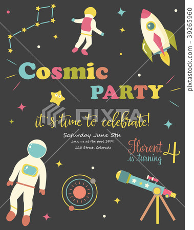 Birthday Party Card with Cosmic objects.-插圖素材 [39265960] - PIXTA圖庫