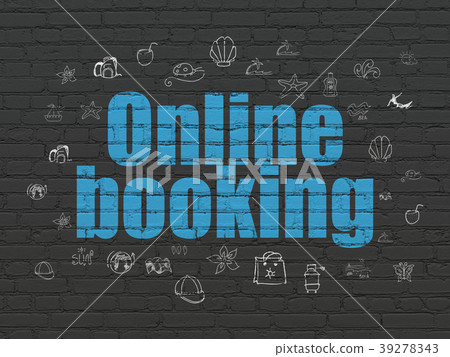 Travel concept: Online Booking on wall background - Stock Illustration ...