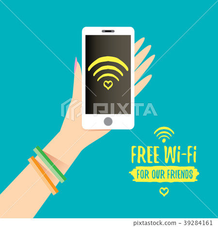 Hand holding white smart phone with free wi-fi - Stock Illustration ...