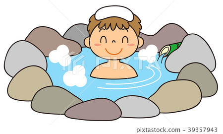 A man who enters a hot spring smile open-air bath - Stock Illustration ...