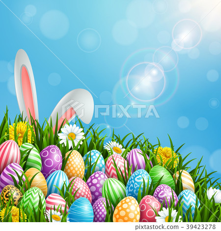 Happy Easter greeting card with colored eggs, flow - Stock Illustration ...