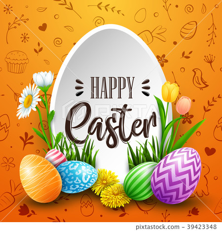 Happy Easter greeting card with colored eggs, flow - Stock Illustration ...