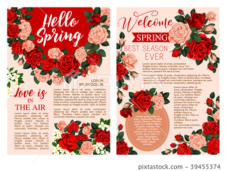 Hello Spring floral poster with rose flower frame - Stock Illustration ...