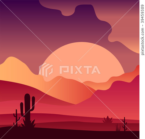 View on sunset in sandy desert landscape with - Stock Illustration ...