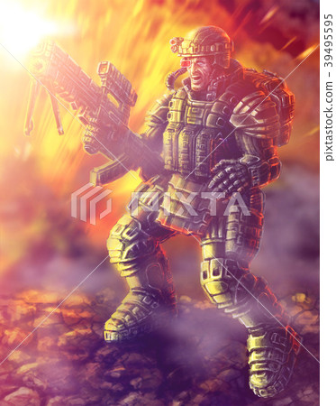Heavy Infantry Firing. Science Fiction - Stock Illustration [39495595 ...