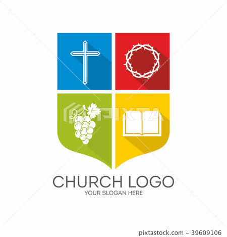 Church logo. Color block, blue, green, red, yellow - Stock Illustration ...