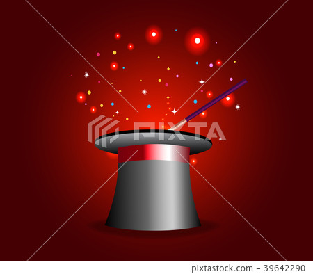 Magic hat and wand with sparkle on red background. - Stock Illustration ...