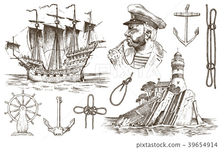 Skipper with pipe. Lighthouse and sea captain - Stock Illustration ...