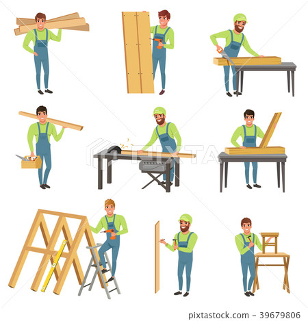 Cartoon set of carpenter characters at work - Stock Illustration ...