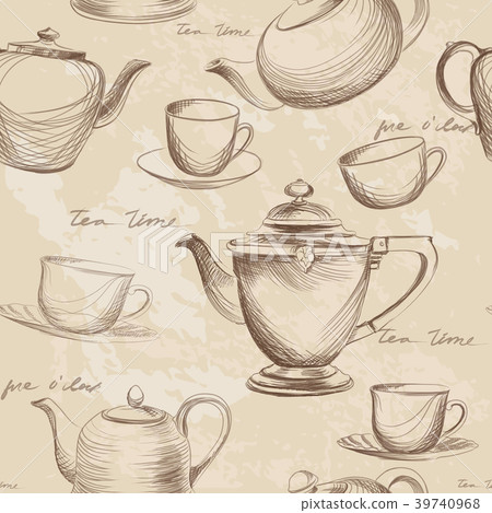 Cup, pot, kettle tile pattern. Tea time hot drink - Stock Illustration ...