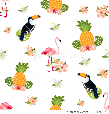Seamless tropical pattern with flamingos,pineapple - Stock Illustration ...
