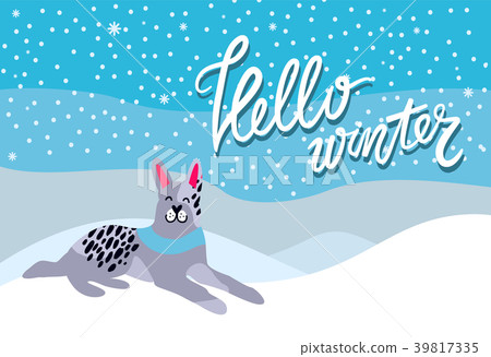 Hello Winter Poster with Spotted Grey Dog Collar - Stock Illustration ...