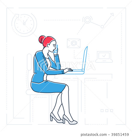 Businesswoman at the computer - line design style - Stock Illustration ...