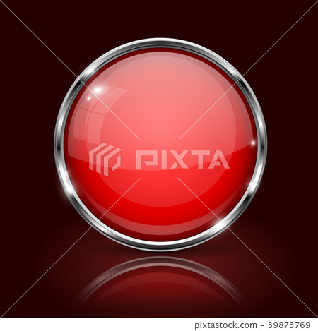 Red round glass button. 3d icon with metal frame - Stock Illustration ...