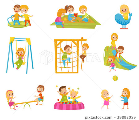Happy kids playing outdoors set, children on a - Stock Illustration ...