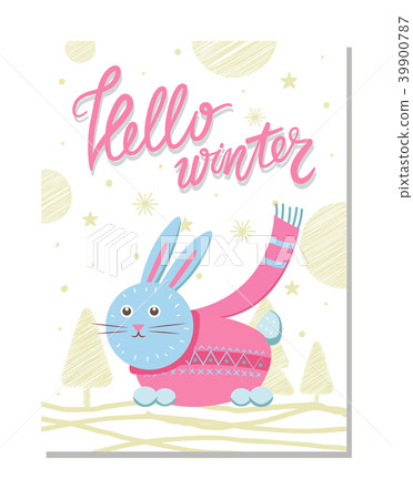 Hello Winter Postcard with Rabbit in Pink Sweater - Stock Illustration ...
