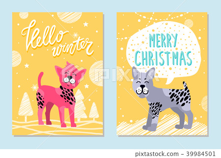 Hello Winter and Merry Christmas Cards with Dogs - Stock Illustration ...