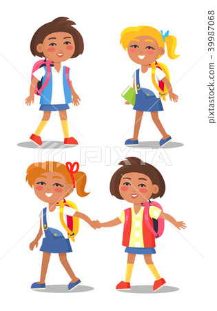Set of Schoolgirls First Year Pupil with Backpacks - Stock Illustration ...