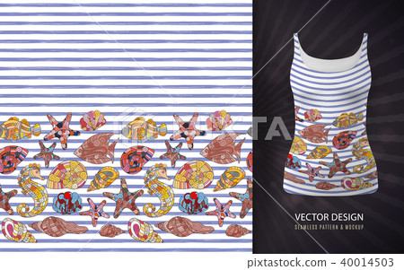Vector seamless pattern of seashells on striped... - Stock Illustration ...