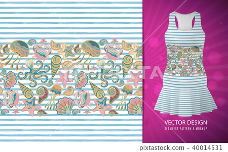 Vector seamless pattern of seashells on striped... - Stock Illustration ...