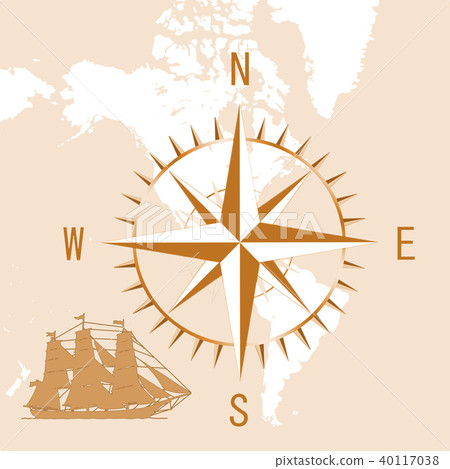 World map compass sailing ship direction magnet... - Stock Illustration ...