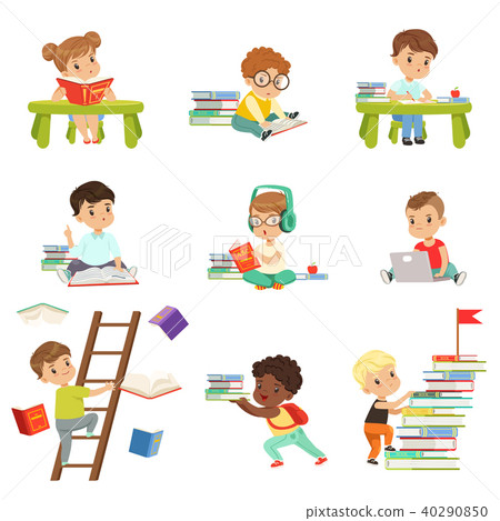 Smart little kids reading books set, cute... - Stock Illustration ...
