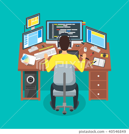 Cartoon Programmer Writes Code Workspace... - Stock Illustration ...