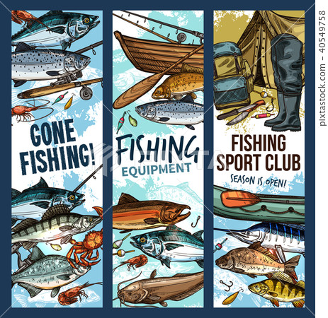 Fishing banner with fishing equipment and fish - Stock Illustration ...
