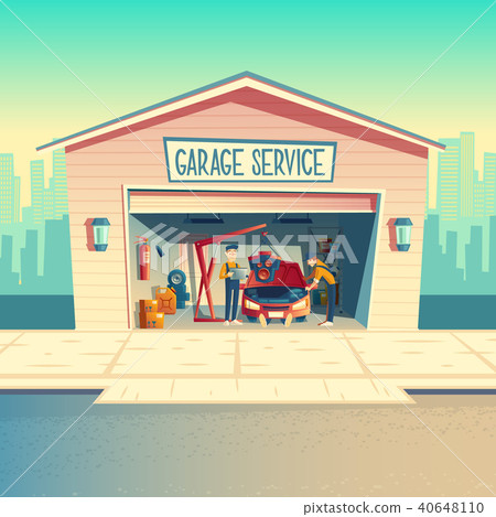 Vector cartoon workshop with mechanic crew, car - Stock Illustration ...