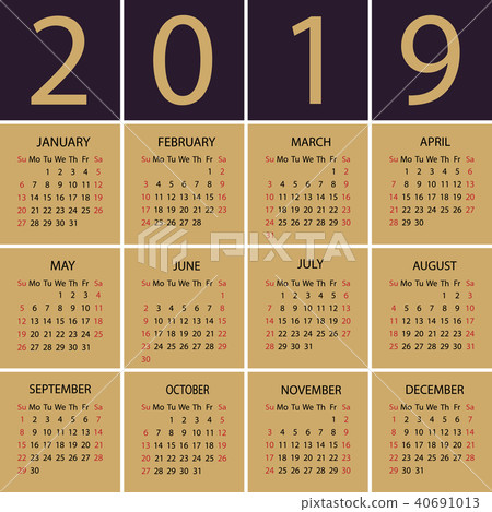 Calendar 2019 year. Week starts with Sunday - Stock Illustration ...