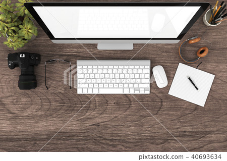 Top view of computer and camera dslr on table. - Stock Illustration ...